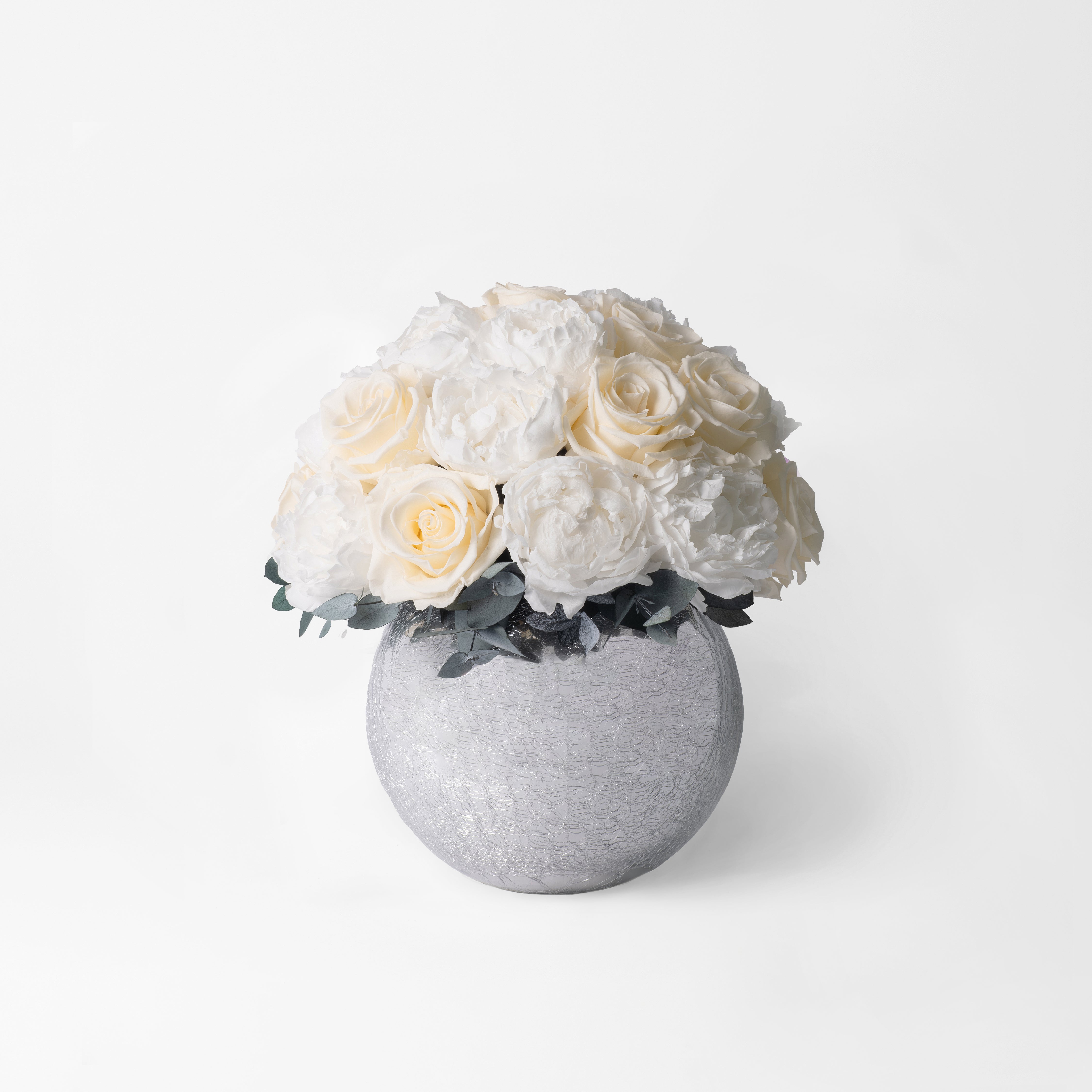 PRISCILLA - PRESERVED WHITE ROSE AND PEONY DOME ARRANGEMENT IN YOUR CH ...