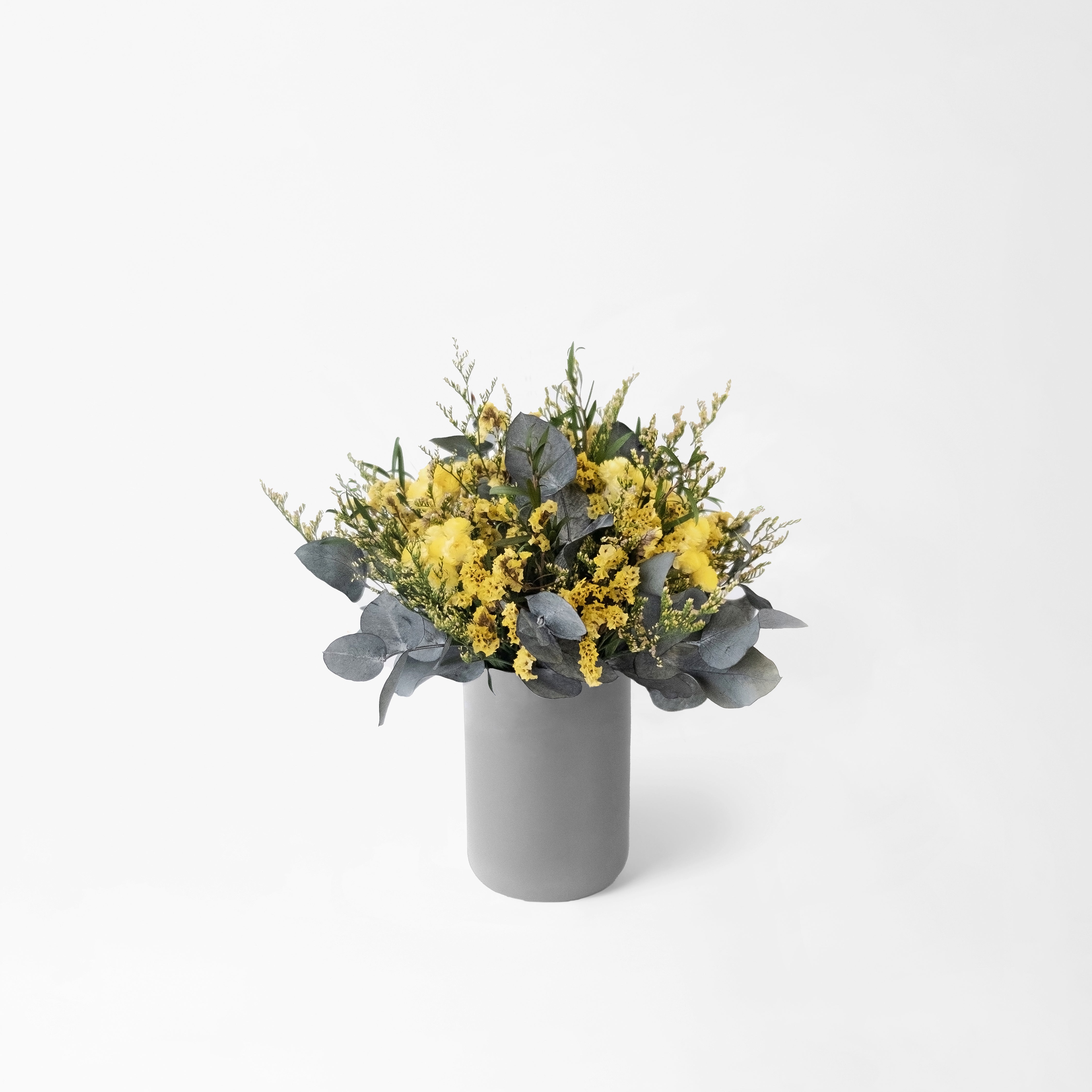 TINA - PRESERVED YELLOW WILD MIXED FLOWER ARRANGEMENT IN GREY BAMBOO V ...